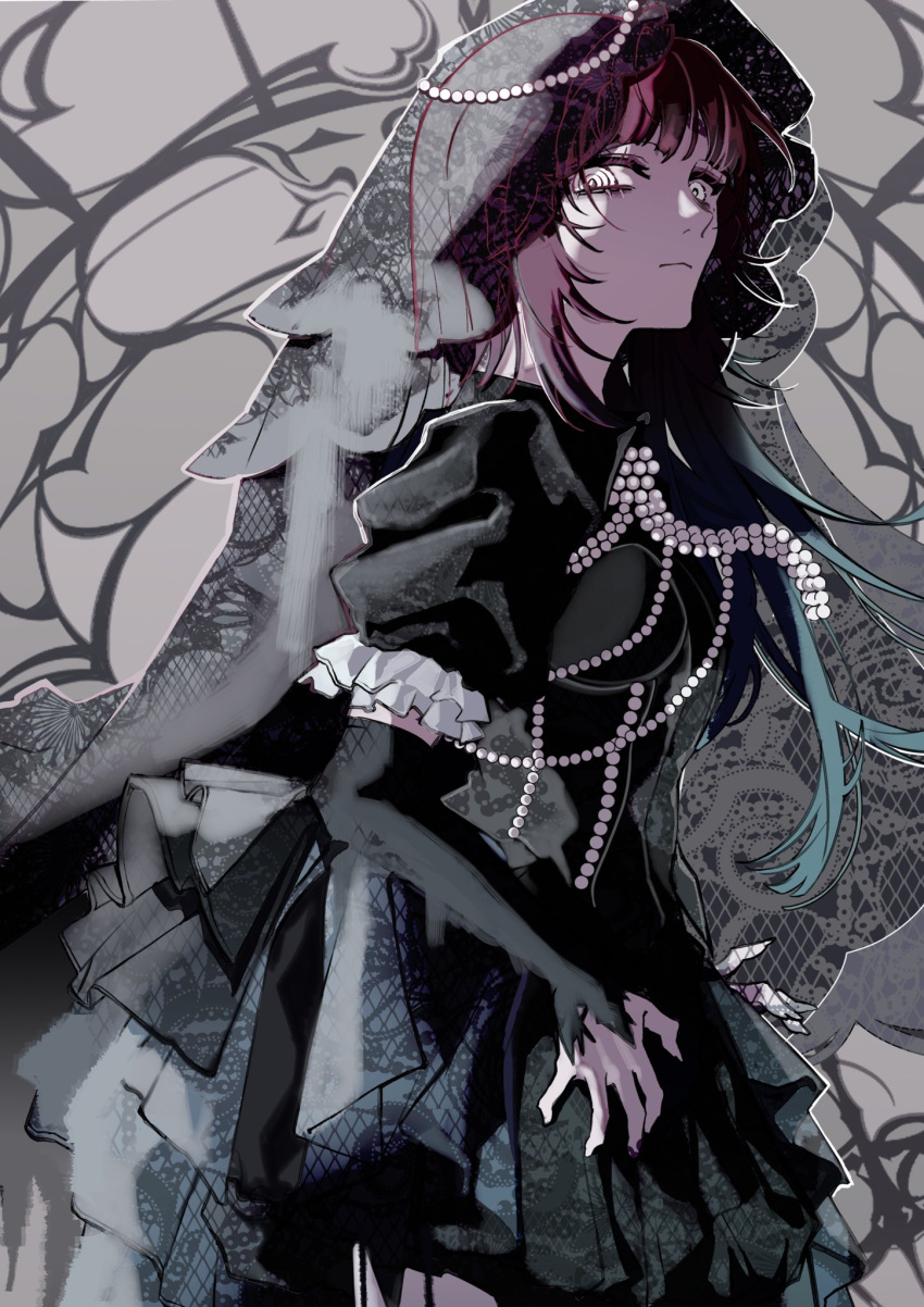 Safebooru - 1girl bead necklace beads black dress black hair closed mouth commentary request ...