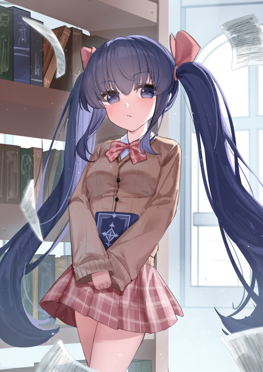 Safebooru - 1girl black eyes black hair blazer book bookshelf bow bowtie brown jacket commentary ...