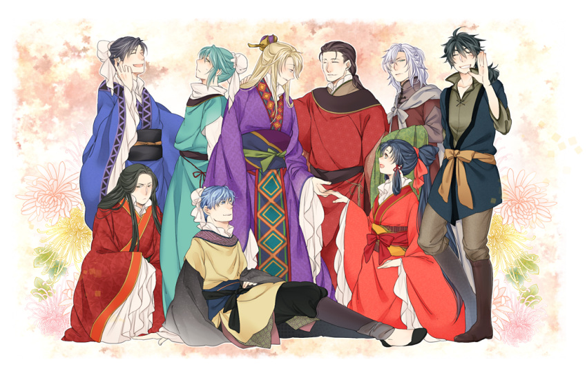 Safebooru - 1girl 6+boys aqua hair black hair blonde hair blue hair bun ...