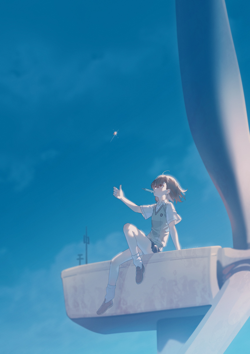 Safebooru - 1girl az (zero glvimayhop) blue sky brown eyes brown hair brown shoes brown sweater ...