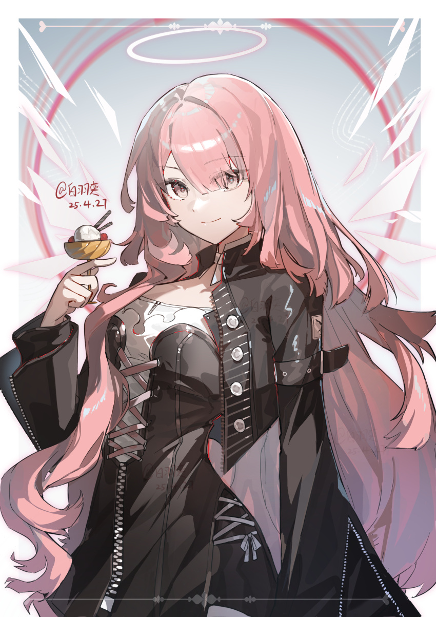 Safebooru - 1girl absurdres arknights artist name baiyuyi bird black dress black jacket breasts ...