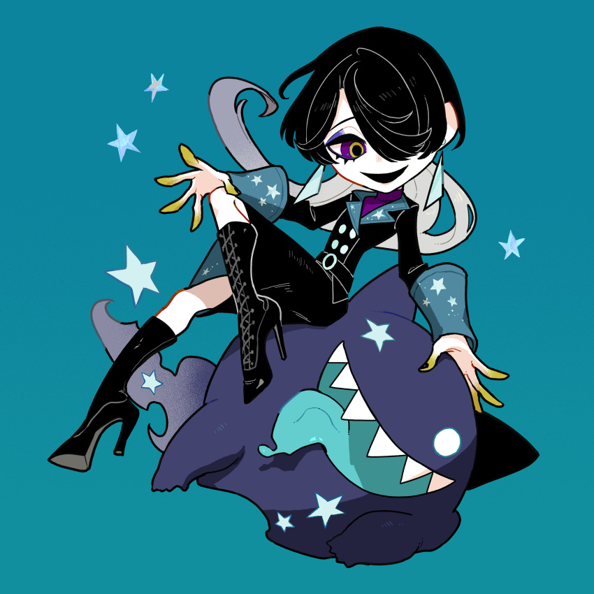 Safebooru - 1girl absurdres black coat black hair black skirt blue background boots coat ...