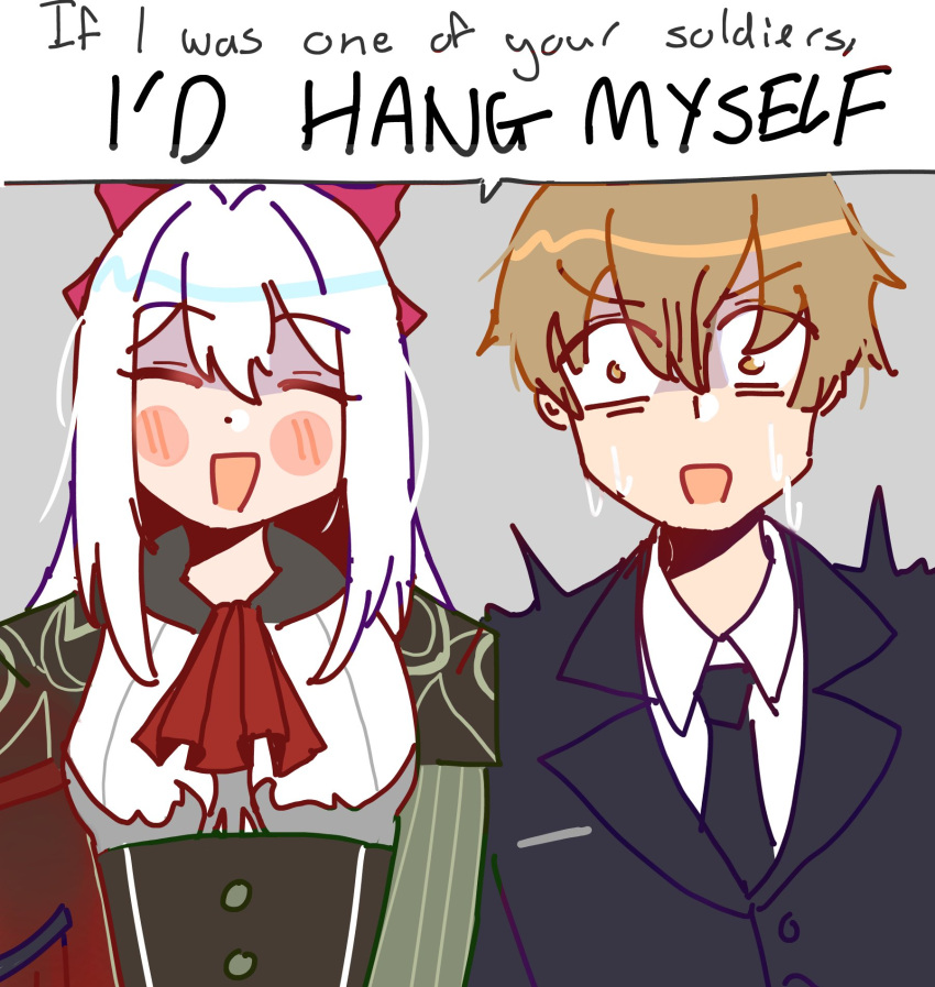 Safebooru - 1boy 1girl ascot beepop-uwu black necktie black suit blonde hair bow business suit ...