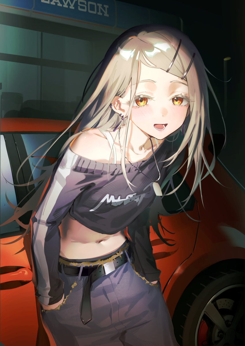 Safebooru - 1girl andon (lighting) belt belt buckle black sweater blonde hair blush buckle car ...