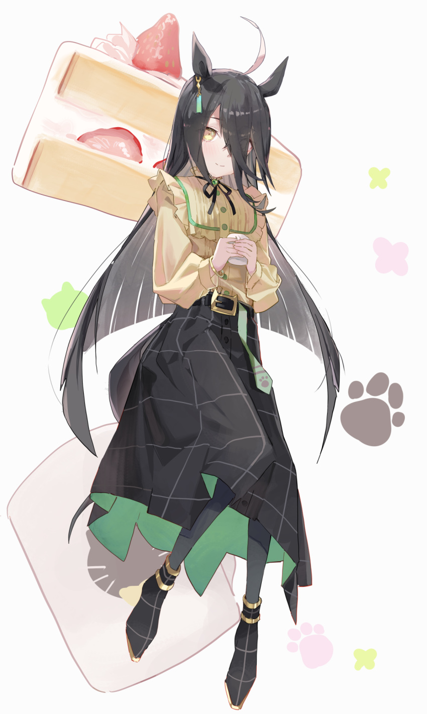 Safebooru - 1girl ahoge amano kokoko animal ears belt black hair cake cup earrings food ...