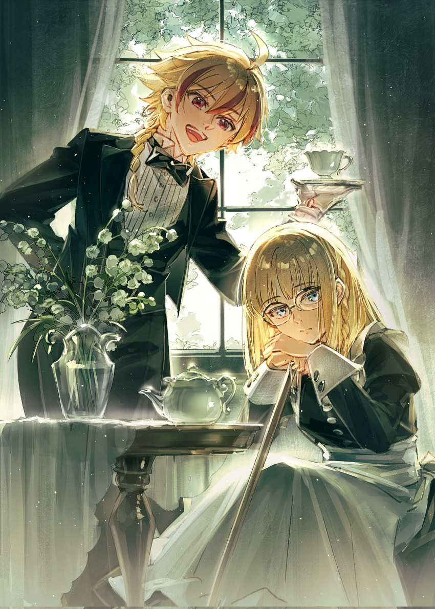 Safebooru - 1boy 1girl :d ahoge alternate costume apron arm behind back black-framed eyewear ...