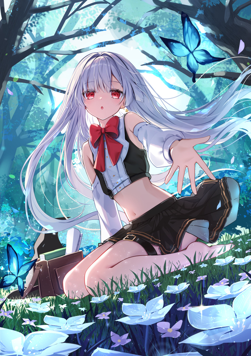 Safebooru - 1girl :o absurdres bag bare shoulders black skirt blue butterfly bow branch brown ...