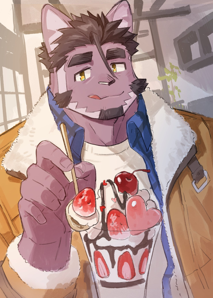 Safebooru - 1boy animal ears beard brown jacket cat boy cat ears closed ...