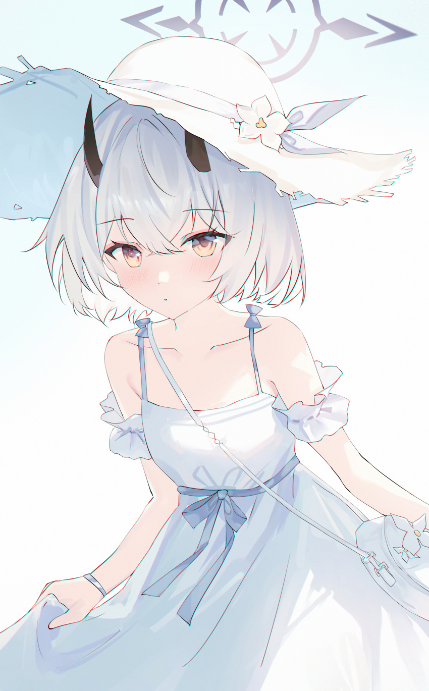 Safebooru - 1girl absurdres armband bag bare shoulders black horns blue archive collarbone demon ...