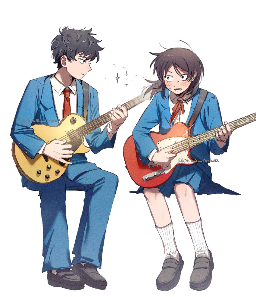 Safebooru - 1boy 1girl black eyes black hair blazer blue jacket blue pants blue skirt blush ...