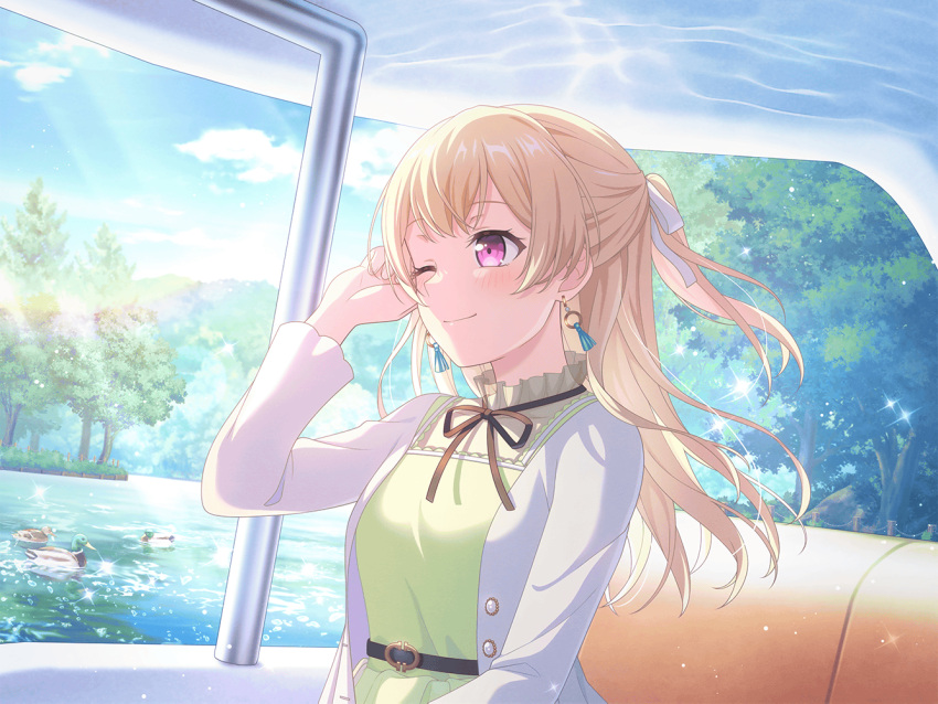 Safebooru - 1girl ;) bang dream! belt bird blonde hair blush boat day dress duck earrings game ...