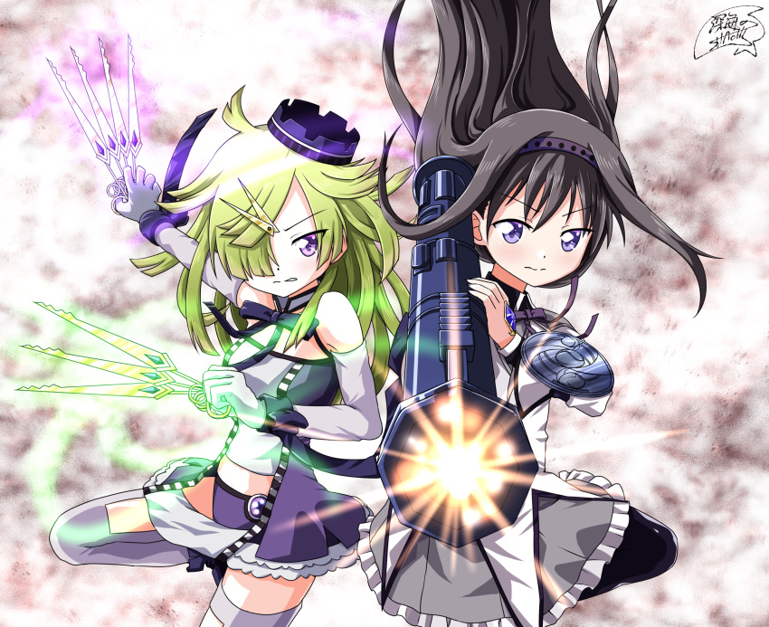Safebooru - 2girls black hair fim-92 stinger firing green hair highres ...