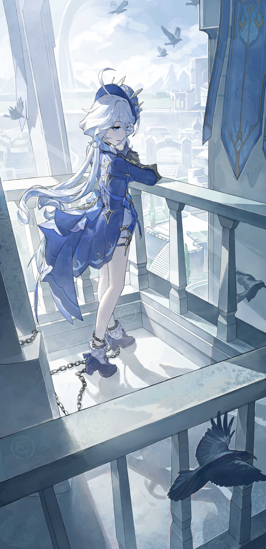 Safebooru - 1girl absurdres ahoge balcony bird black bird black shoes ...