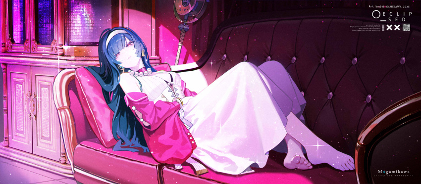 Safebooru - 1girl absurdres astra yao bare shoulders barefoot blue hair couch dress earrings ...