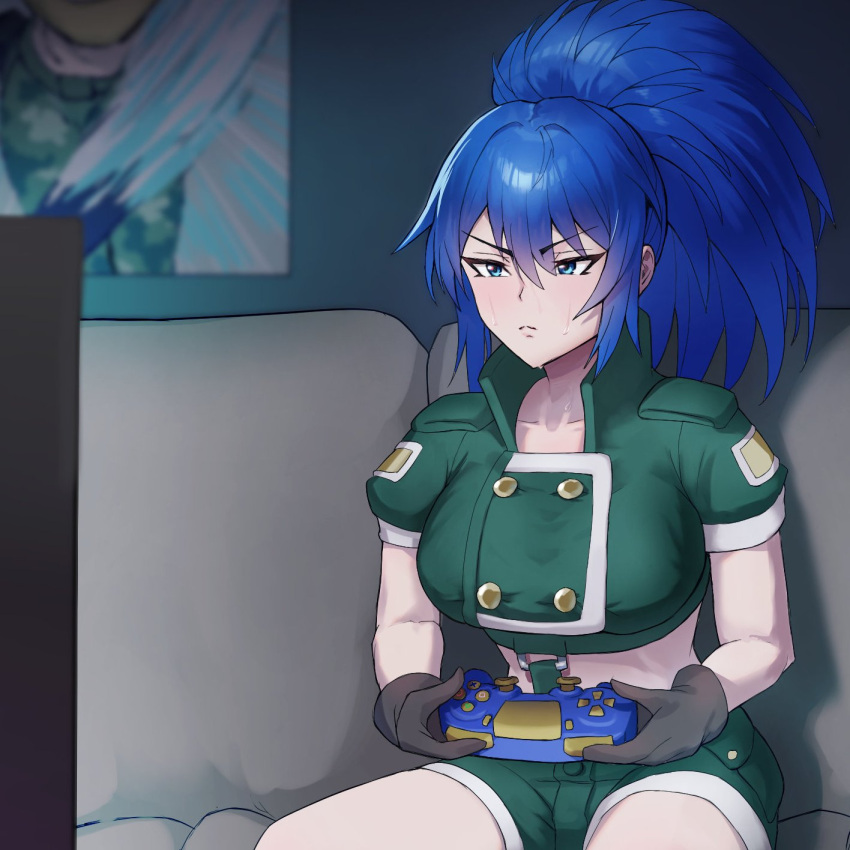 Safebooru - 1girl black gloves blue eyes blue hair controller game controller gloves green ...