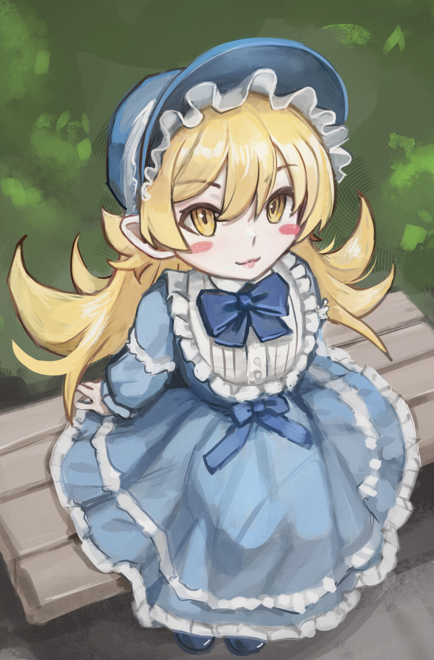 Safebooru - 1girl absurdres bench blonde hair blue dress blush dress highres lolita fashion long ...