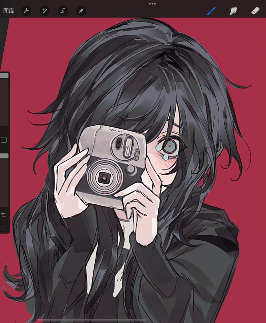 Safebooru - art program in frame black hair black hoodie camera ...
