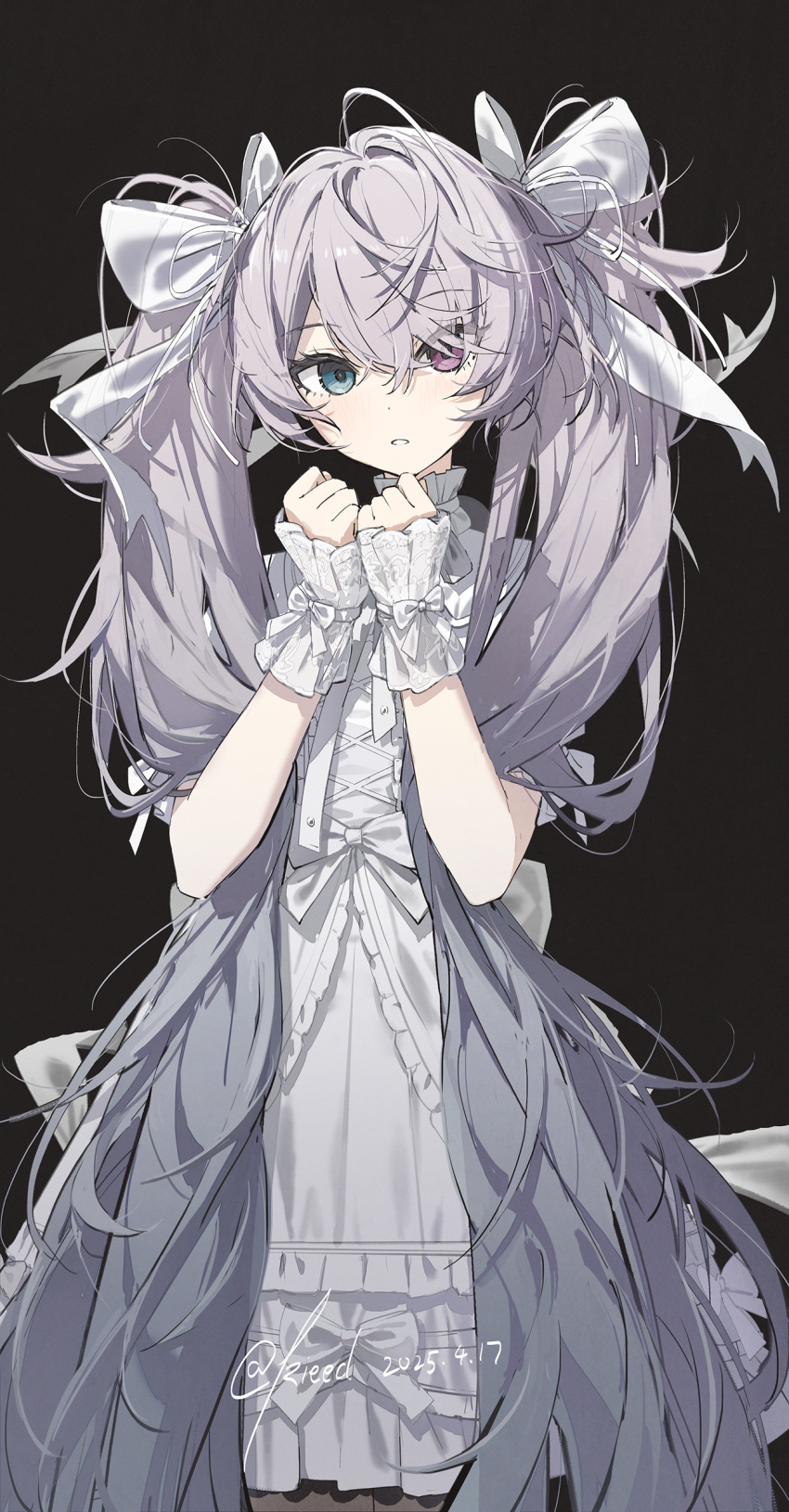 Safebooru - 1girl 25-ji miku absurdres blue eyes cowboy shot dress grey hair hair ribbon hatsune ...