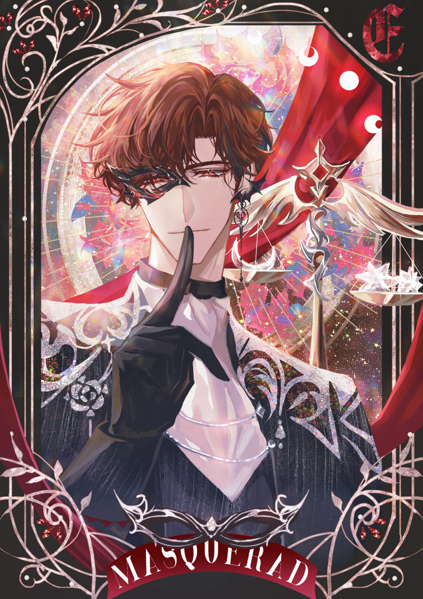 Safebooru - 1boy absurdres angel's trumpet ascot asymmetrical bangs balance scale bat earrings ...