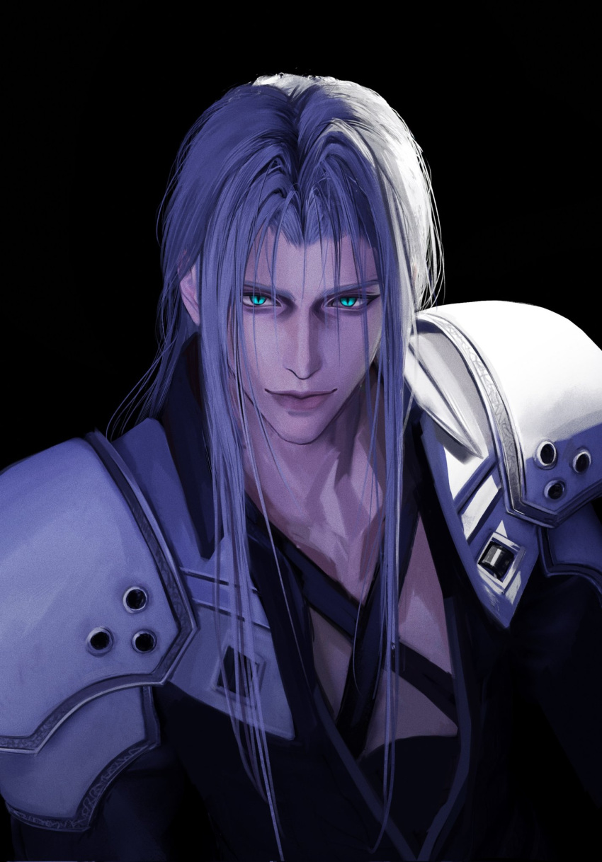 Safebooru - 1boy armor black background black coat chest strap chinese commentary closed mouth ...