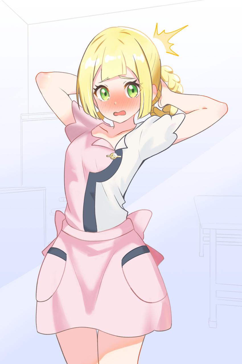 Safebooru - 1girl ^^^ absurdres arms behind head blonde hair blush braid collarbone commentary ...