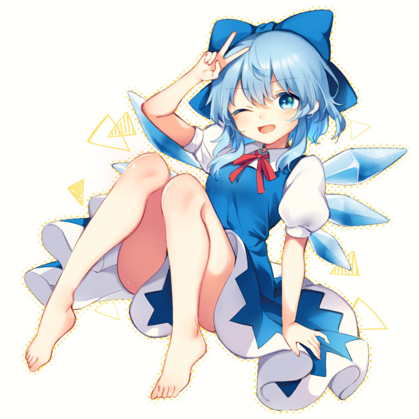 Safebooru - 1girl arm up barefoot blue bow blue dress blue eyes blue hair bow cirno collared ...