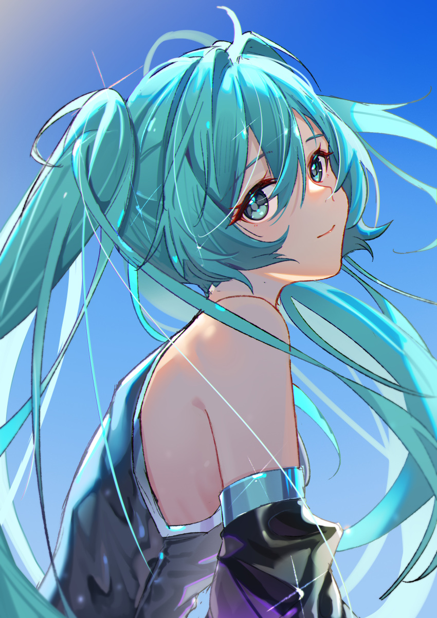 Safebooru - 1girl absurdres aqua eyes aqua hair bare shoulders black sleeves blue background ...