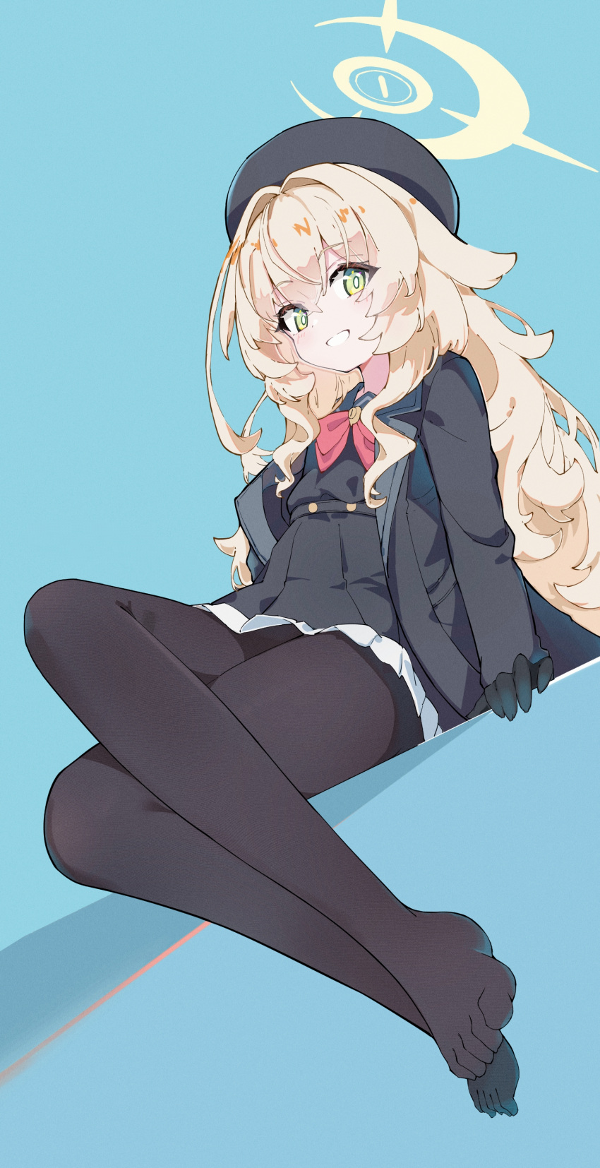 Safebooru - 1girl absurdres aqua background beret black coat black gloves black hat black ...