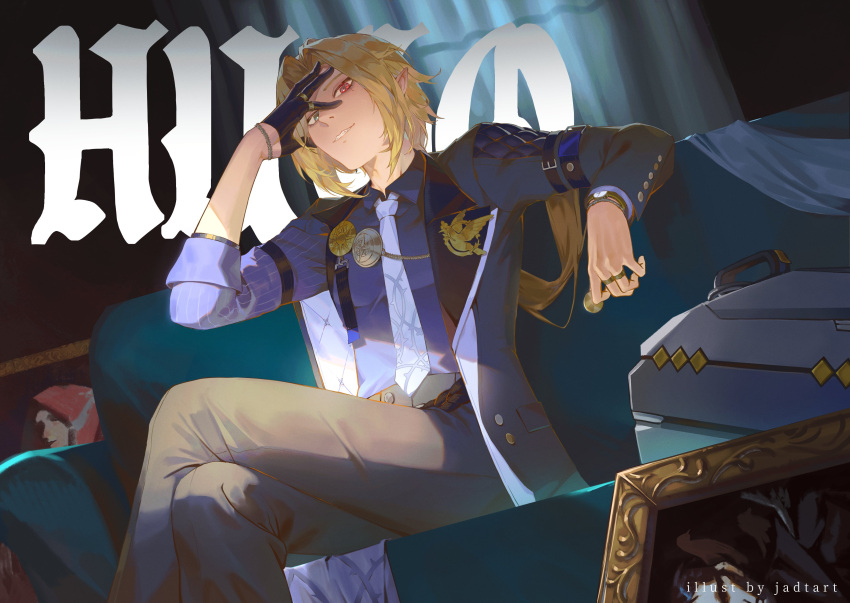 Safebooru - 1boy absurdres artist name black gloves blonde hair character name crossed legs ...