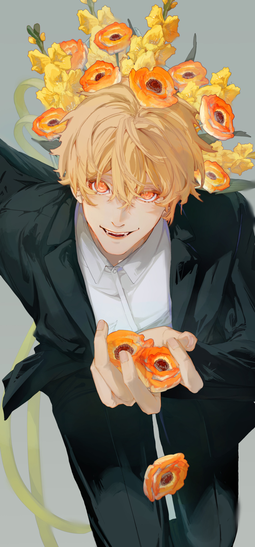 Safebooru - 1boy absurdres black pants black suit blonde hair commentary request fangs flower ...