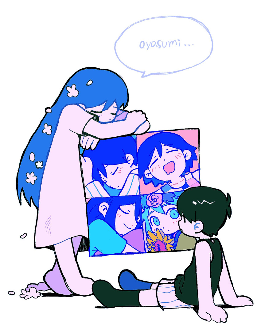 Safebooru - 2girls 4boys :d alternate hair color antenna hair arm support aubrey (headspace ...