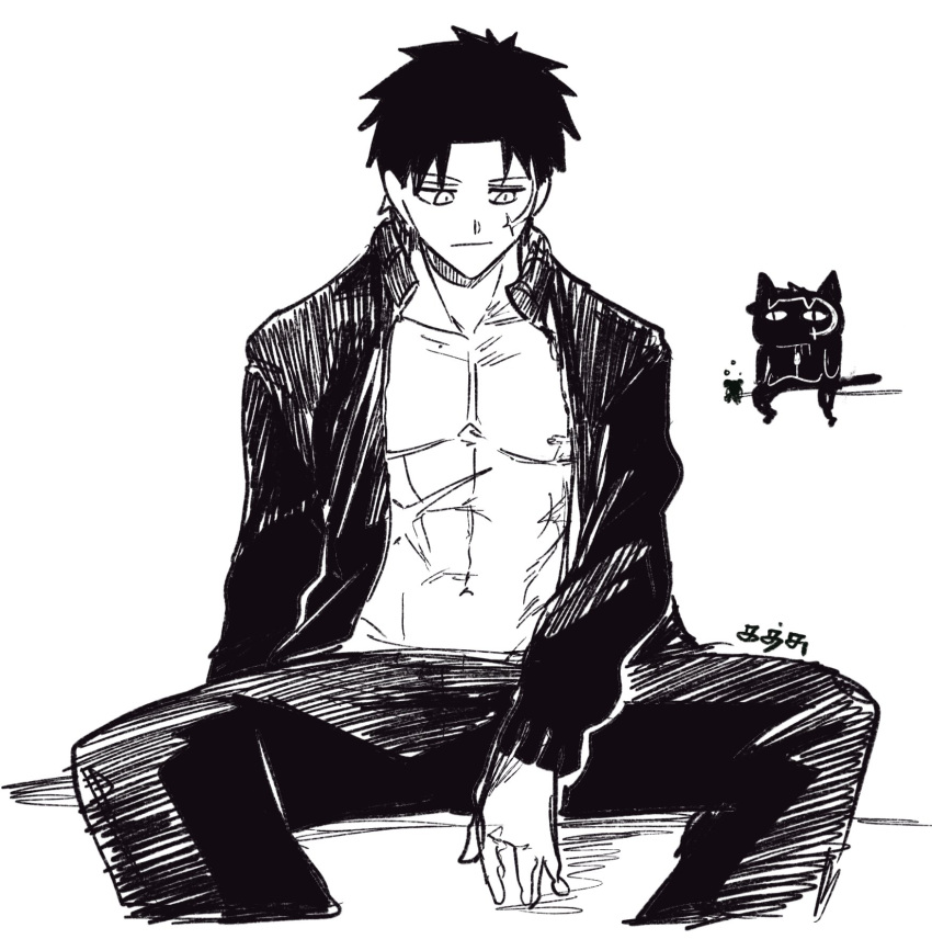 Safebooru - bad link black coat black hair black pants cat chibi coat highres jacket kagurabachi ...