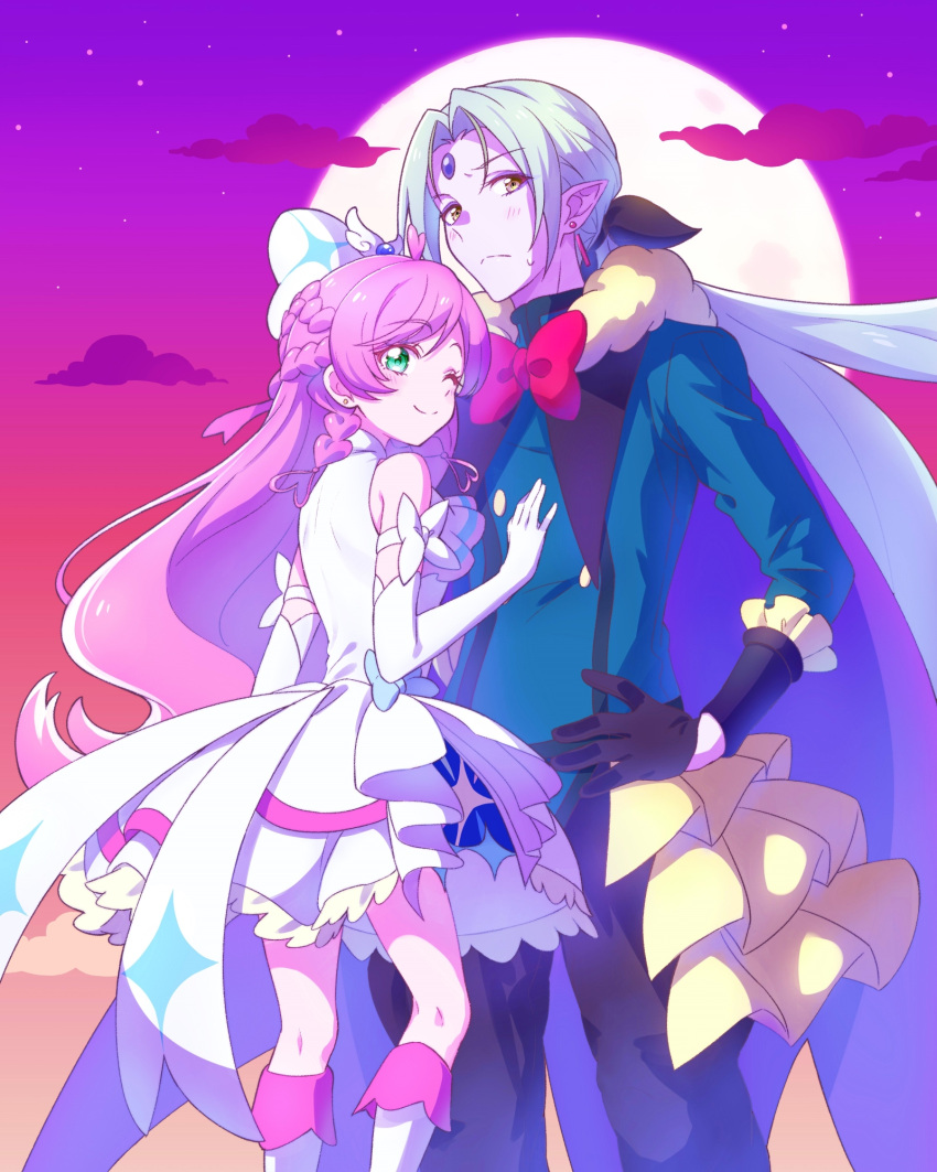 Safebooru - 1boy 1girl ascot battamonda black gloves black pants bow bowtie colored skin couple ...