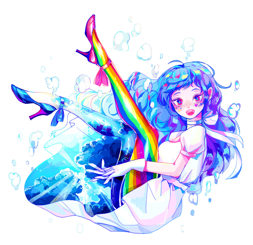 Safebooru - 1girl air bubble black pantyhose blue hair blue theme bubble full body high heels ...