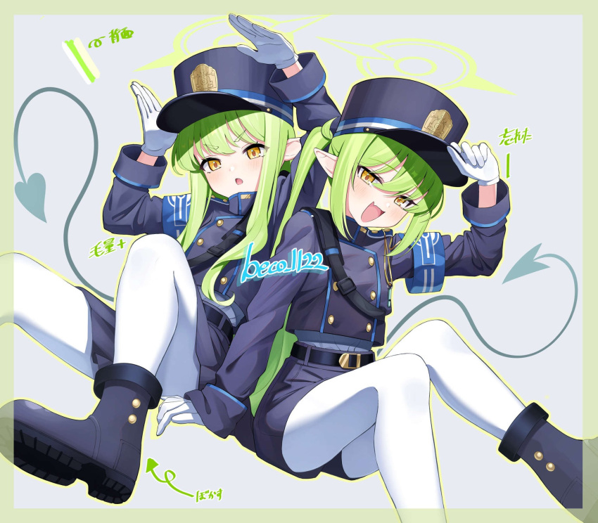 Safebooru - 2girls beko (beco 1122) blue archive demon tail fang flat chest green hair green ...
