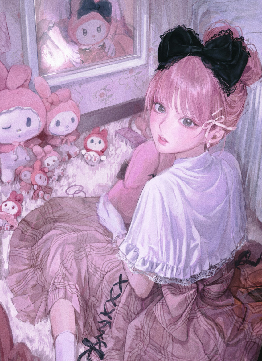 Safebooru - 1girl absurdres black bow black eyes blush bow brown dress capelet commentary ...