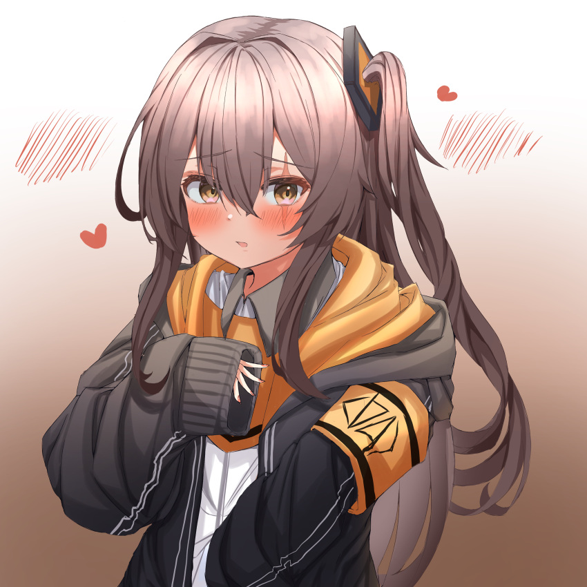 Safebooru - 1girl absurdres armband black jacket blush brown background brown eyes brown hair ...