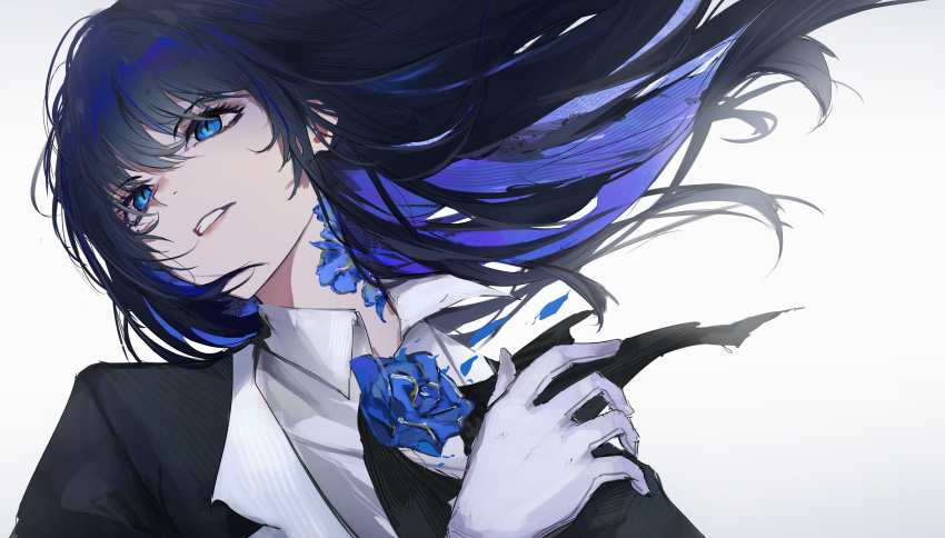Safebooru - 1girl absurdres ado (utaite) black hair blue eyes blue flower blue rose brooch ...