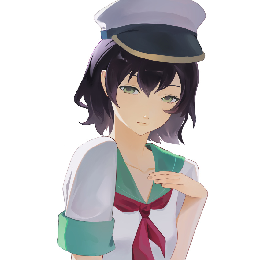 Safebooru - 1girl absurdres black hair collarbone collared shirt green eyes hat highres light ...