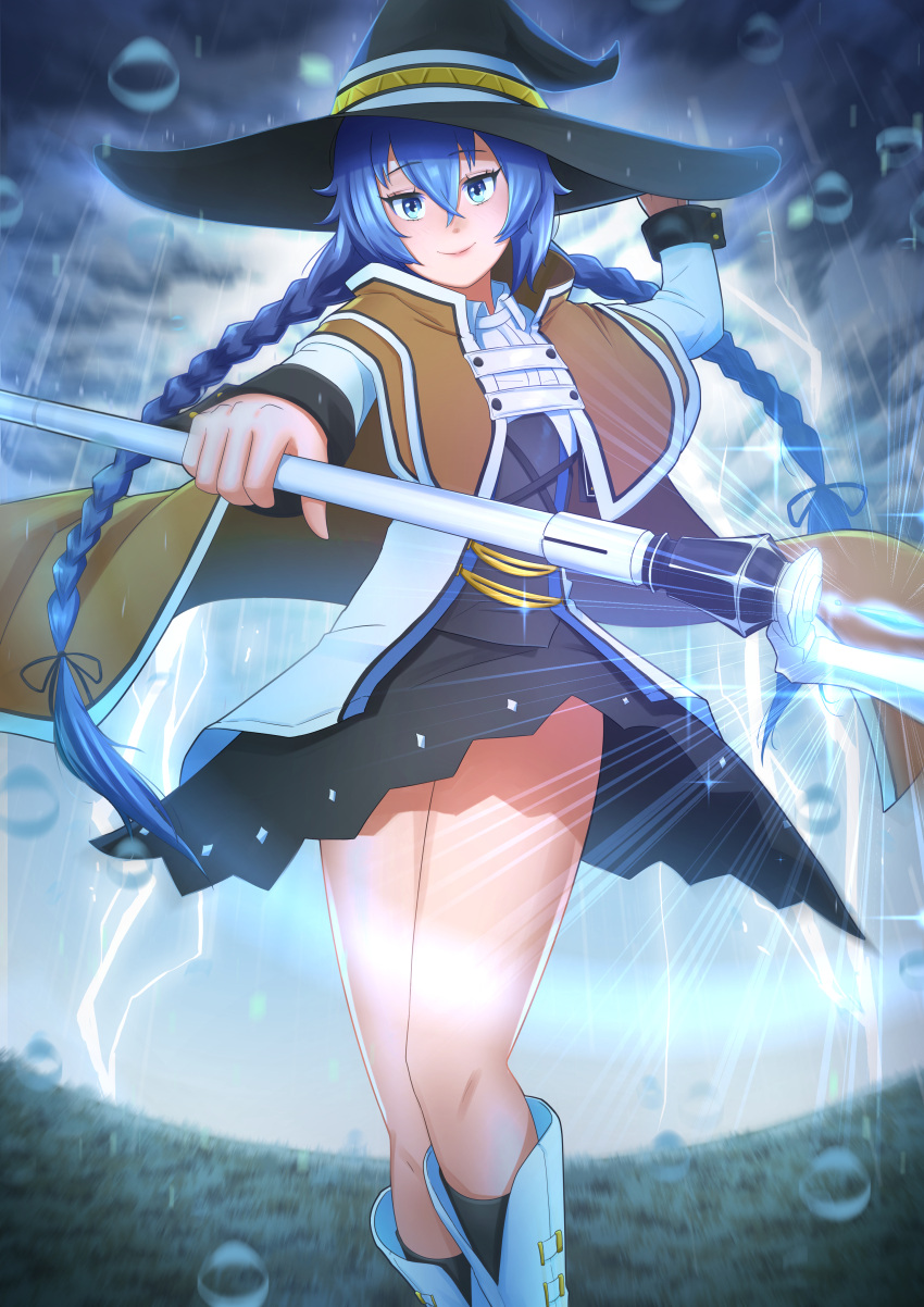 Safebooru - 1girl absurdres atpoppet black hat black skirt blue eyes blue hair boots braid cape ...