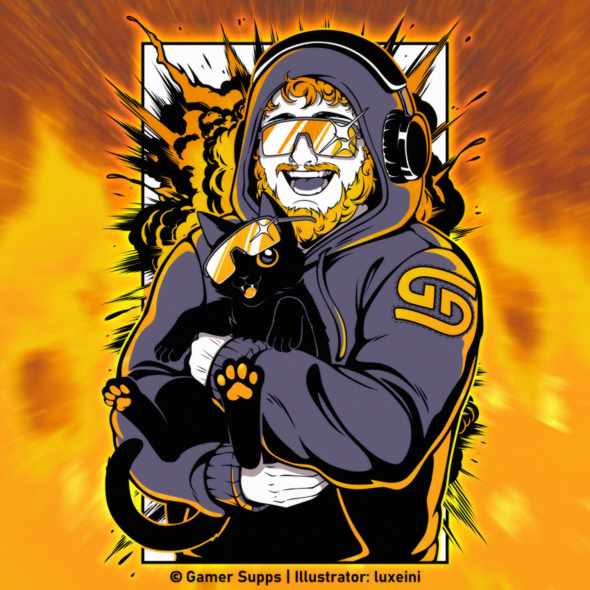 Safebooru - 1boy absurdres animal animification beard caseoh cat explosion facial hair gamer ...