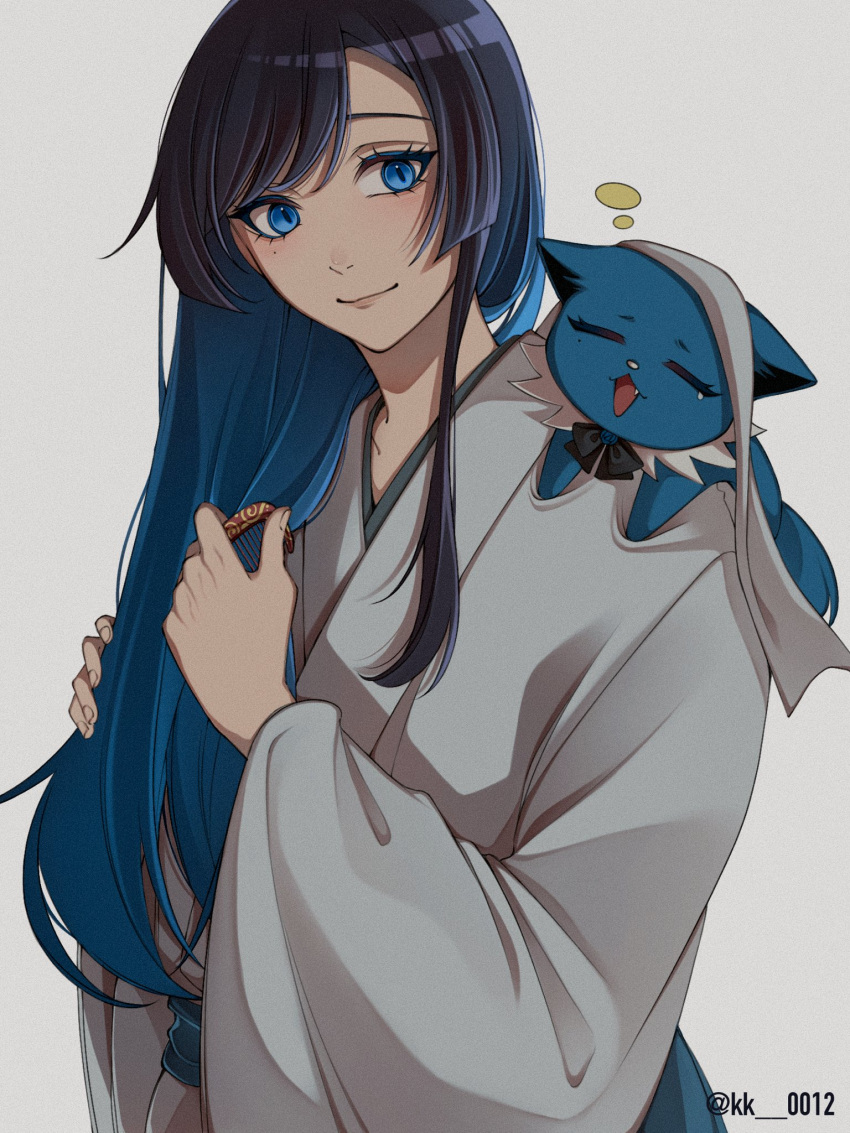 Safebooru - 1girl ado (utaite) adorozatorumary black hair blue eyes blue hair brushing hair ...