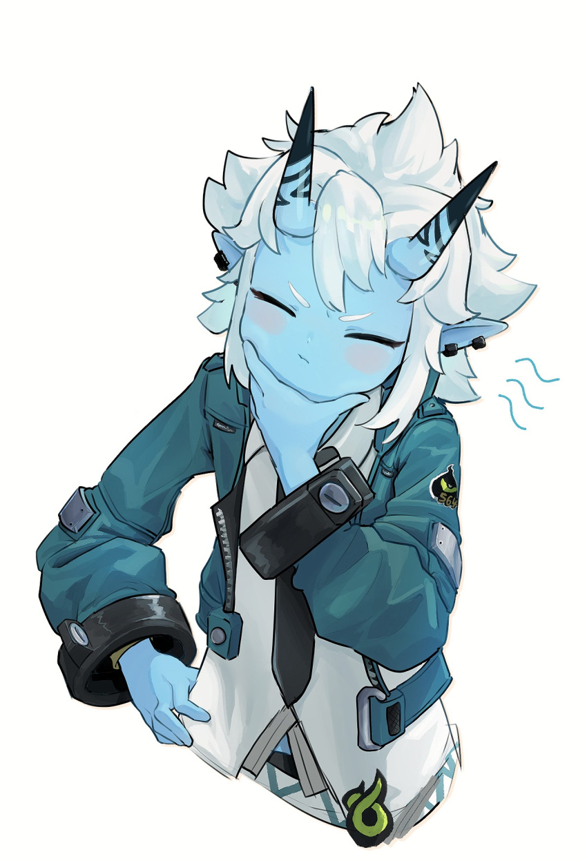 Safebooru - 1girl akaika (aka) black necktie blue skin blush stickers closed eyes closed mouth ...