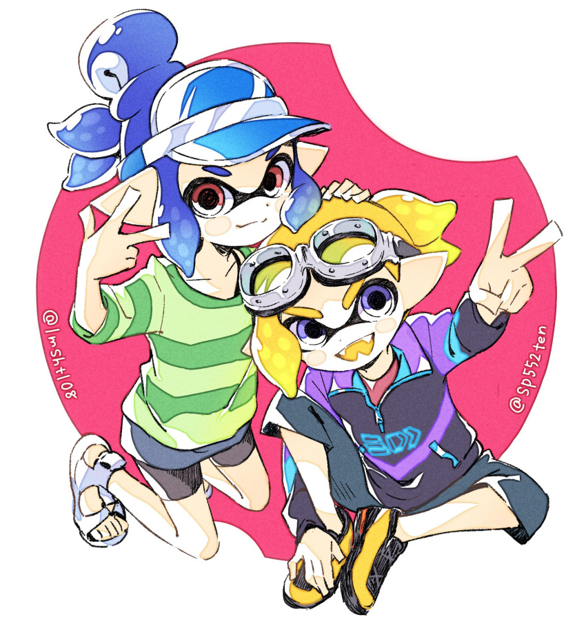 Safebooru - 1boy 1girl aviator goggles black jacket black shoes blonde hair blue hat blue jacket ...