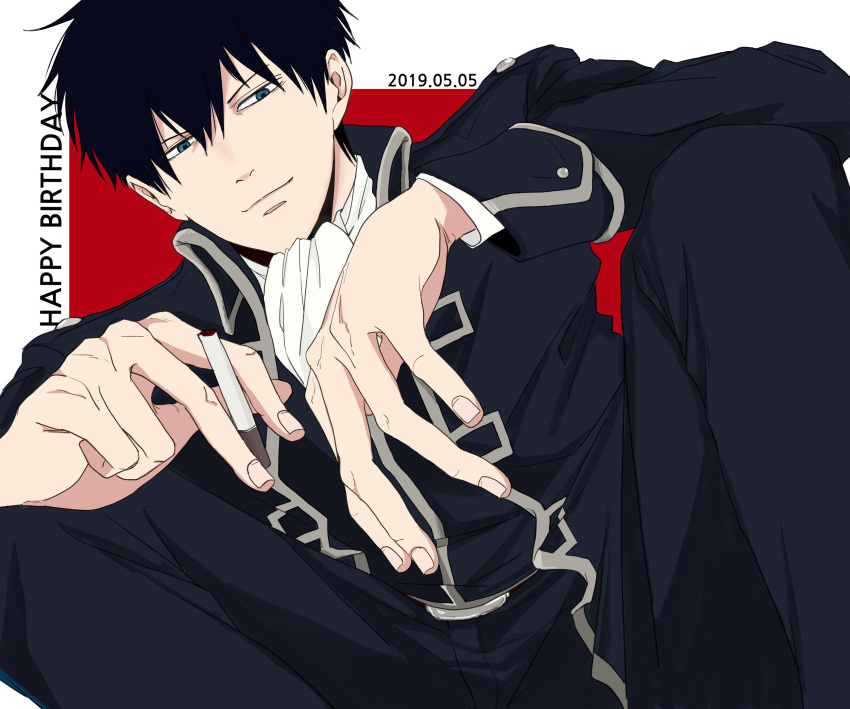 Safebooru - 1boy absurdres ascot black hair black jacket black pants blue eyes cigarette closed ...