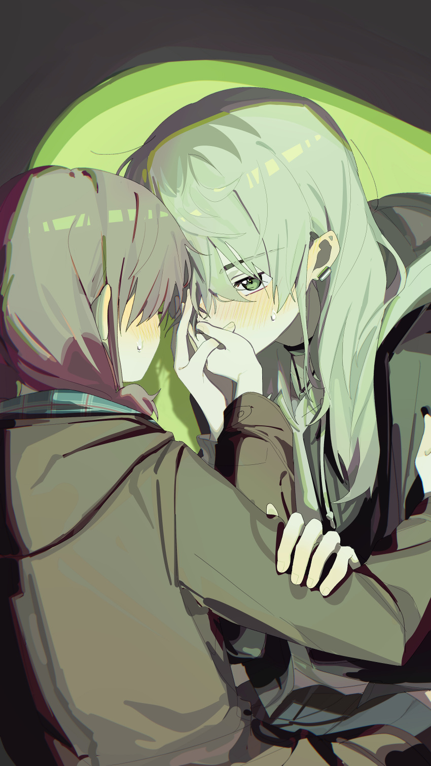 Safebooru - 2girls absurdres black choker black jacket blush brown hair choker commentary ...