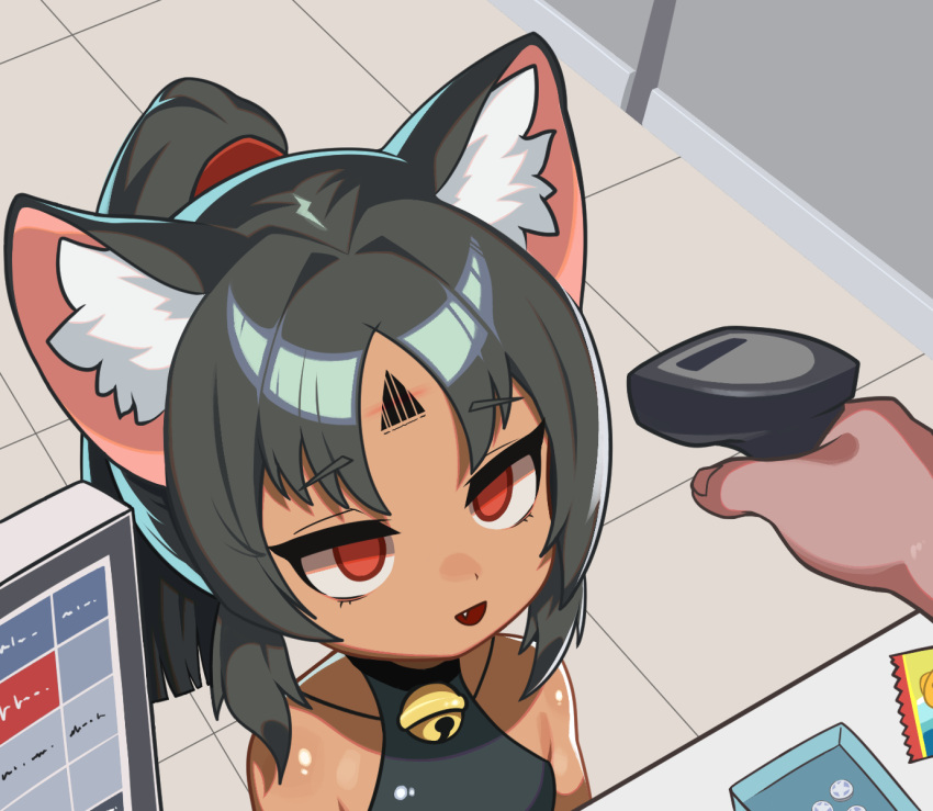 Safebooru - 1girl animal ear fluff animal ears barcode barcode scanner bare shoulders bell black ...