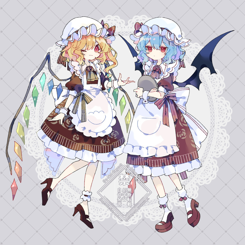 Safebooru - 2girls ;) absurdres alternate costume apron ascot bat wings black wings blonde hair ...