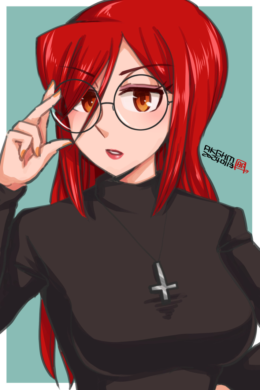 Safebooru - 1girl absurdres adjusting eyewear bespectacled black shirt ...