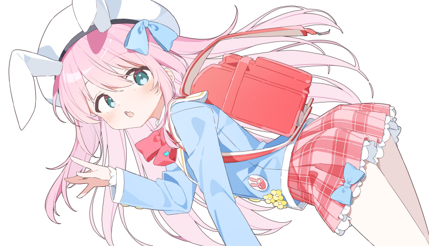 Safebooru - 1girl :o absurdres animal ears backpack bag beret blue bow blue jacket bow bow skirt ...